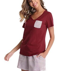 Vlazom Womens Pajama Set Cotton Short Pj Set Summer Stripe Lounge Set for Sleeping Yoga Gym Running Dark Red