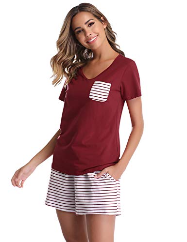 Vlazom Womens Pajama Set Cotton Short Pj Set Summer Stripe Lounge Set for Sleeping Yoga Gym Running Dark Red