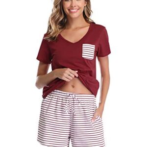 Vlazom Womens Pajama Set Cotton Short Pj Set Summer Stripe Lounge Set for Sleeping Yoga Gym Running Dark Red