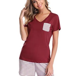 Vlazom Womens Pajama Set Cotton Short Pj Set Summer Stripe Lounge Set for Sleeping Yoga Gym Running Dark Red