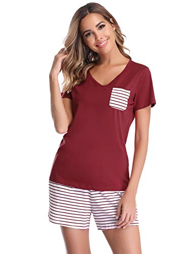 Vlazom Womens Pajama Set Cotton Short Pj Set Summer Stripe Lounge Set for Sleeping Yoga Gym Running Dark Red