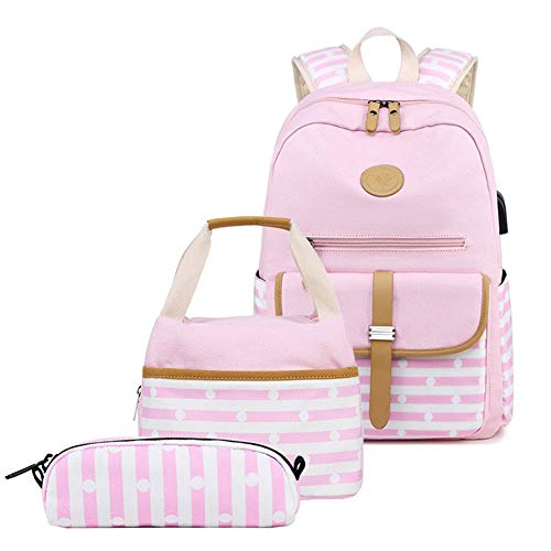 Kids School Bag for Girls Backpacks with Lunch Bag Causal Canvas Bookbag for Teen