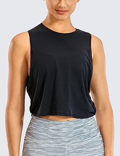 CRZ YOGA Pima Cotton Cropped Tank Tops for Women - Sleeveless Sports Shirts Athletic Yoga Running Gym Workout Crop Tops Deep Armhole-Black Small