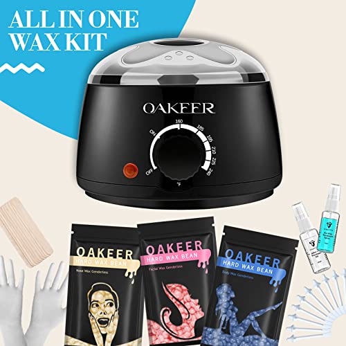 Oakeer Waxing Kit Hair Removal Women Men Wax Warmer Hair Removal at Home with 6 Bags Wax Beans Body Waxing for Eyebrows Nose Cheeks Arms Bikinis (Family Kit)