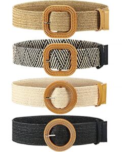 4 pack straw woven belt elastic stretch rattan waist belt women skinny raffia dress belt wooden buckle waist dress band (retro color, medium)