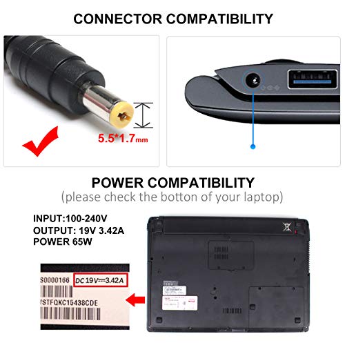 65W AC Laptop Charger Adapter for Acer Aspire 5250 5253 5336 5349 5517 5532 5534 5552 5560 5733 5742 5749 5750 7560 4830T 5732Z 5733Z 5734Z 5750Z SB416 AS7750 V5 V7 V3 R3 R7 S3 E1 M5 Power Supply Cord