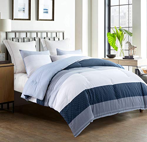 SLEEPBELLA Comforter Queen Size, 600 Thread Count Cotton Baby Blue and Navy Striped Patchwork Reversible Pattern Reversible Blue Comforter Set,Down Alternative Bedding Set 3Pcs (Queen, Blue Patchwork)