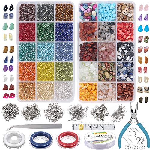 EuTengHao 7030Pcs Irregular Chips Stone Beads Natural Gemstone Beads and Glass Bugle Seed Beads Kit with Elastic String Pliers Lobster Clasps Jump Ring for Bracelet Necklace Earring DIY Jewelry Making