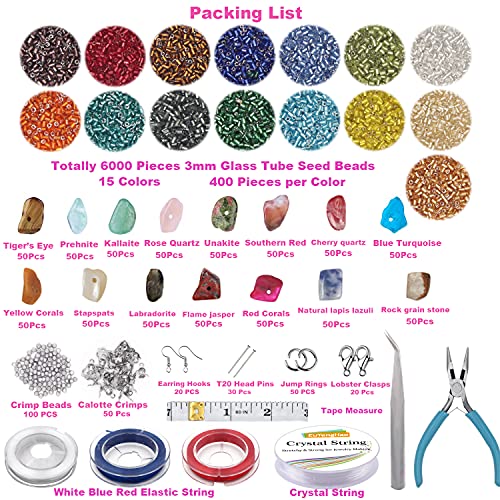 EuTengHao 7030Pcs Irregular Chips Stone Beads Natural Gemstone Beads and Glass Bugle Seed Beads Kit with Elastic String Pliers Lobster Clasps Jump Ring for Bracelet Necklace Earring DIY Jewelry Making