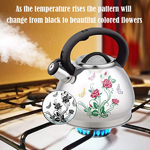 Tea Kettle for Stovetop Whistling Teakettle Tea Pot - 3L Food Grade 304 Stainless Steel Color Changing Stove Top Teapot with Cool Handle,Loud Whistle And Anti-Rust,Suitable for All Heat Sources (Rose)