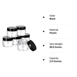 6 Pack Plastic Pot Jars Round Clear Leak Proof Plastic Container Jars with Lid for Travel Storage, Eye Shadow, Nails, Paint, Jewelry (2 oz, Black)