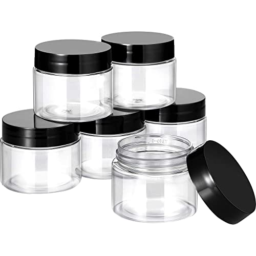 6 Pack Plastic Pot Jars Round Clear Leak Proof Plastic Container Jars with Lid for Travel Storage, Eye Shadow, Nails, Paint, Jewelry (2 oz, Black)