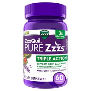 zzzquil pure zzzs triple action, 6mg melatonin gummies, 3x sleep aid with ashwagandha, calm mood & antioxidant for adults, 6 mg per serving, 60 count