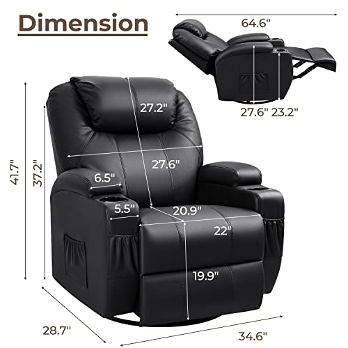 Furniwell Massage Rocker Recliner Chair with Heated Ergonomic Lounge Chair 360° Swivel Rocking Single Sofa for Living Room Adjustable Home Theater Seating with 2 Cup Holders (Black)