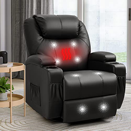 Furniwell Massage Rocker Recliner Chair with Heated Ergonomic Lounge Chair 360° Swivel Rocking Single Sofa for Living Room Adjustable Home Theater Seating with 2 Cup Holders (Black)