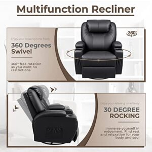 Furniwell Massage Rocker Recliner Chair with Heated Ergonomic Lounge Chair 360° Swivel Rocking Single Sofa for Living Room Adjustable Home Theater Seating with 2 Cup Holders (Black)