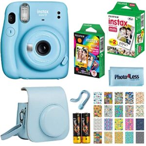 fujifilm instax mini 11 instant camera + fujifilm instax mini twin pack instant film (16437396) + single pack rainbow film + case + travel stickers (sky blue)