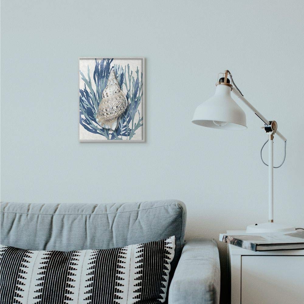 Stupell Industries Shell Coral Blue Beach Design, Designed by Caroline Kelly Wall Art, 11 x 14, Grey Framed