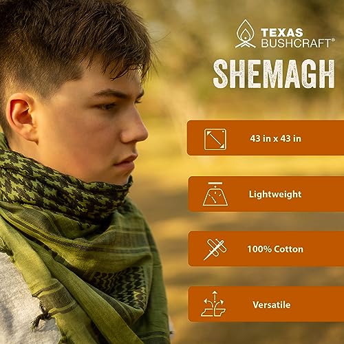 Texas Bushcraft Tactical Shemagh - Authentic Keffiyeh 100% Cotton for your Camping, Hiking and Backpacking Gear (Drab Green)