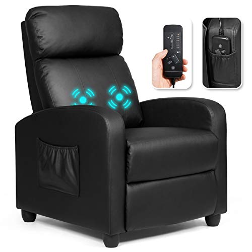 Giantex Recliner Chair, Massage Winback Single Sofa w/Side Pocket, PU Leather Recliner Sofa for Living Room, Modern Padded Seat Reclining Chair, Home Theater Seating Office for Adults (Black)