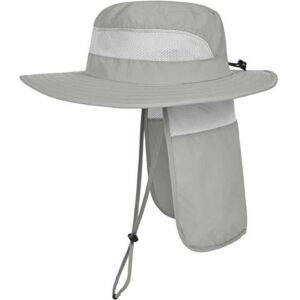 LCZTN Mens UPF 50+ Sun Protection Safari Cap Wide Brim Fishing Hiking Hat with Neck Flap for Garden Work (Light Grey)