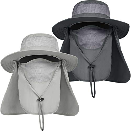 IYEBRAO Mens Outdoor Sun Hat with Face Neck Flap UV Protection for Fishing Hiking Garden (2 Pack-Dark Gray＆Light Gray)