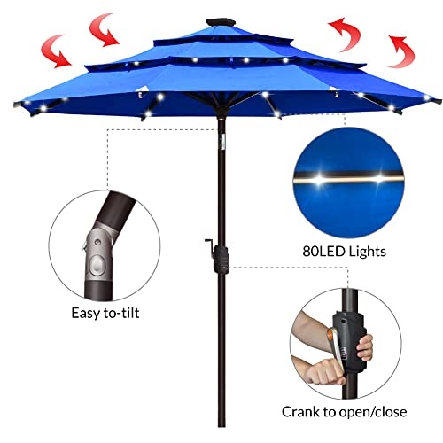 EliteShade USA Sunumbrella Solar 9ft 3 Tiers Market Umbrella with 80 LED Lights Patio Umbrellas Outdoor Table with Ventilation and 5 Years Non-Fading Top,Royal Blue