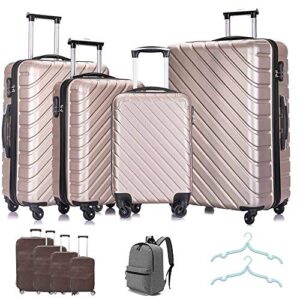 apelila 5 piece hardshell luggage sets,travel suitcase,carry on luggage with spinner wheels free cover&hanger inside (champagne gold with bag)