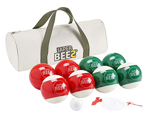 JAPER BEES Bocce Ball Set Solid Resin 90mm Outdoor Lawn Games for Family with 8 Balls 1 Pallino Measuring Rope Canvas Carrying Case