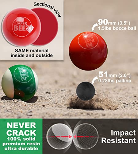 JAPER BEES Bocce Ball Set Solid Resin 90mm Outdoor Lawn Games for Family with 8 Balls 1 Pallino Measuring Rope Canvas Carrying Case