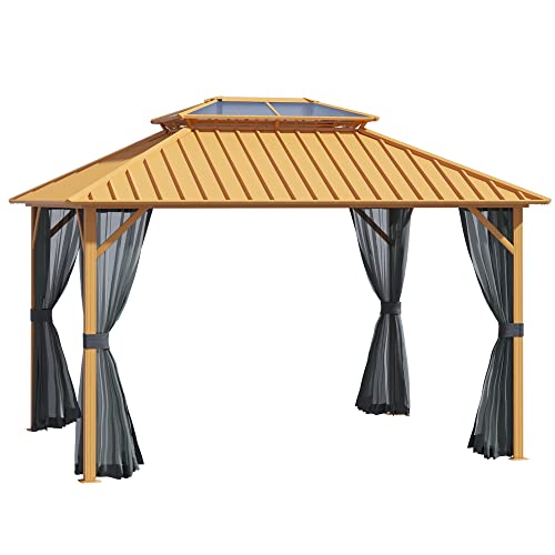 Outsunny 10' x 12' Hardtop Gazebo Canopy with Galvanized Steel Double Roof, Skylight Window, Aluminum Frame, Outdoor Permanent Pavilion with Netting, for Patio, Garden, Backyard, Yellow