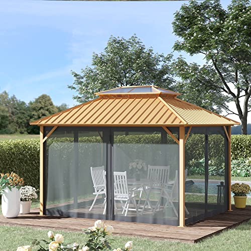 Outsunny 10' x 12' Hardtop Gazebo Canopy with Galvanized Steel Double Roof, Skylight Window, Aluminum Frame, Outdoor Permanent Pavilion with Netting, for Patio, Garden, Backyard, Yellow