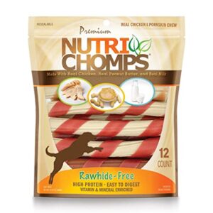 nutrichomps dog chews – 6-inch twists, easy to digest, rawhide-free dog treats, healthy, 12 count, real chicken, peanut butter and milk flavors