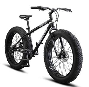 mongoose malus mens and womens fat tire mountain bike, 26-inch bicycle wheels, 4-inch wide knobby tires, steel frame, 7-speed drivetrain bicycle, shimano rear derailleur, disc brakes, matte black