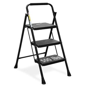 hbtower 3 step ladder, folding step stool with wide anti-slip pedal, 500lbs sturdy steel ladder, convenient handgrip, lightweight, portable steel step stool, black