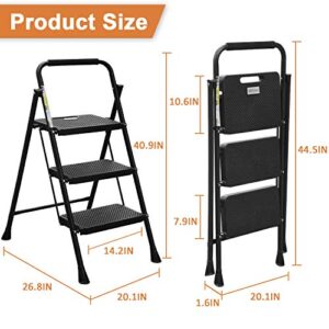 HBTower 3 Step Ladder, Folding Step Stool with Wide Anti-Slip Pedal, 500lbs Sturdy Steel Ladder, Convenient Handgrip, Lightweight, Portable Steel Step Stool, Black