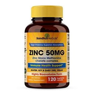 zinc 50mg supplement 120 vegetarian capsules, zinc highly absorbable supplements for immune support system, gluten free zinc supplement