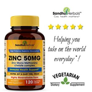 Zinc 50mg Supplement 120 Vegetarian Capsules, Zinc Highly Absorbable Supplements for Immune Support System, Gluten Free Zinc Supplement