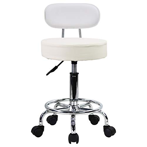 KKTONER PU Leather Rolling Stool Mid-Back with Footrest Height Adjustable Office Computer Home Drafting Swivel Task Chair with Wheels (White)