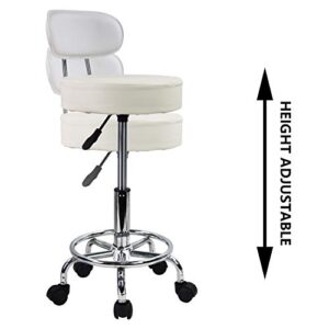 KKTONER PU Leather Rolling Stool Mid-Back with Footrest Height Adjustable Office Computer Home Drafting Swivel Task Chair with Wheels (White)