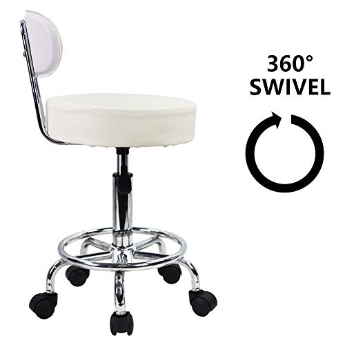 KKTONER PU Leather Rolling Stool Mid-Back with Footrest Height Adjustable Office Computer Home Drafting Swivel Task Chair with Wheels (White)