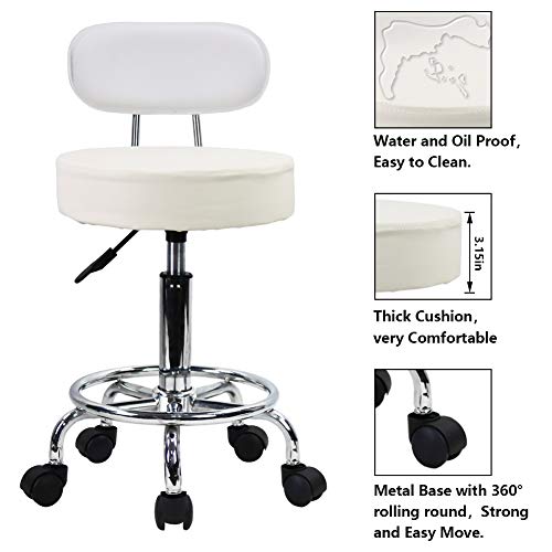 KKTONER PU Leather Rolling Stool Mid-Back with Footrest Height Adjustable Office Computer Home Drafting Swivel Task Chair with Wheels (White)