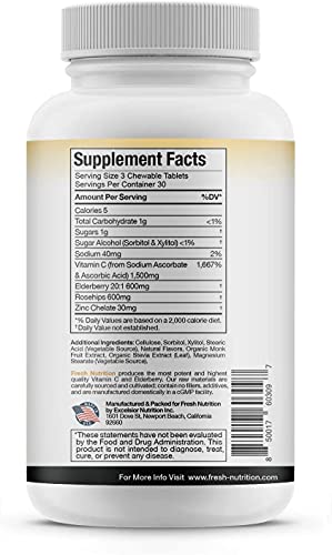 Vitamin C + Elderberry Chewables - Immunity Blend - VIT C 1500mg, Elderberry 600mg, Rose Hips 600mg and Zinc 30mg - Vegan, Non GMO - 90 Chewable Tablets