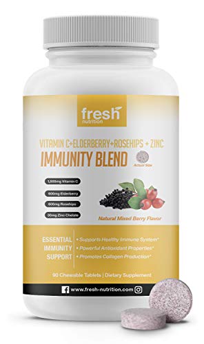 Vitamin C + Elderberry Chewables - Immunity Blend - VIT C 1500mg, Elderberry 600mg, Rose Hips 600mg and Zinc 30mg - Vegan, Non GMO - 90 Chewable Tablets