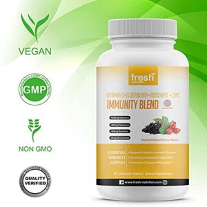 Vitamin C + Elderberry Chewables - Immunity Blend - VIT C 1500mg, Elderberry 600mg, Rose Hips 600mg and Zinc 30mg - Vegan, Non GMO - 90 Chewable Tablets