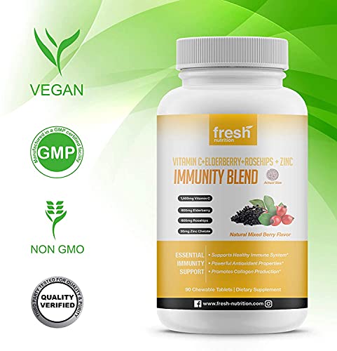 Vitamin C + Elderberry Chewables - Immunity Blend - VIT C 1500mg, Elderberry 600mg, Rose Hips 600mg and Zinc 30mg - Vegan, Non GMO - 90 Chewable Tablets