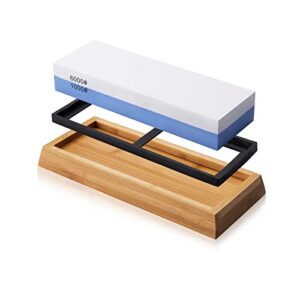 mido professional abrasive whetstone knife sharpener 2 side grit 1000/6000 knife sharpening stone, knife sharpener stone with non-slip bamboo base, wet stone sharpening kit for kitchen hunting