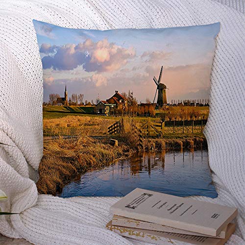 Throw Pillow Covers Case Windmill Farm River Landscape Sky Canal Architecture Nature Holland Parks Field Village Outdoor Decorative Polyester Cushion Pillow Covers for Couch Bedroom 20x20 Inch