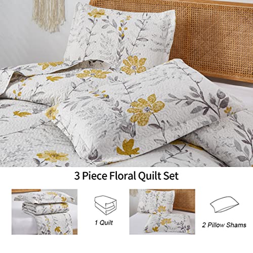 Quilt Set King Floral Bedspread Coverlet King Floral Quilts Bedding Spring Summer Lightweight Quilts Bedspread Reversible Bedding Grey Leaf Yellow Floral Quilt Collection Bedspread with Pillow Shams