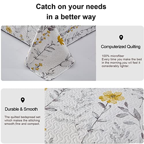 Quilt Set King Floral Bedspread Coverlet King Floral Quilts Bedding Spring Summer Lightweight Quilts Bedspread Reversible Bedding Grey Leaf Yellow Floral Quilt Collection Bedspread with Pillow Shams